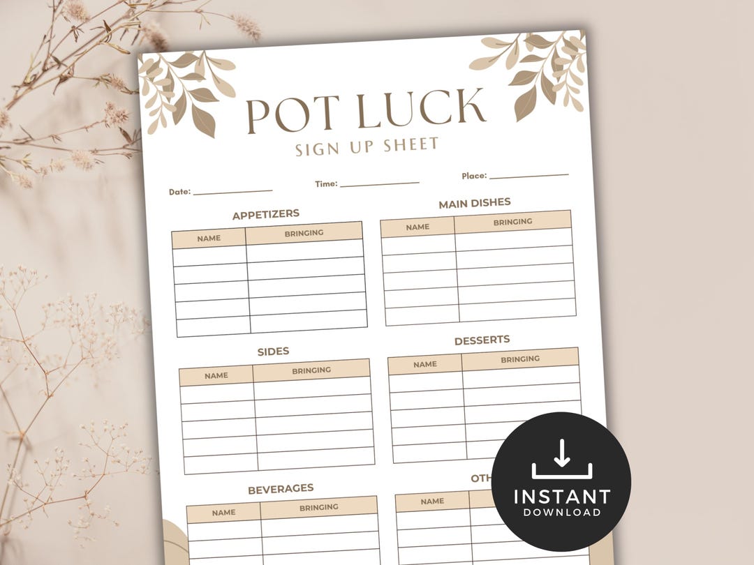 Potluck Sign up Sheet, Party Food Sign up Sheet, Printable Food ...