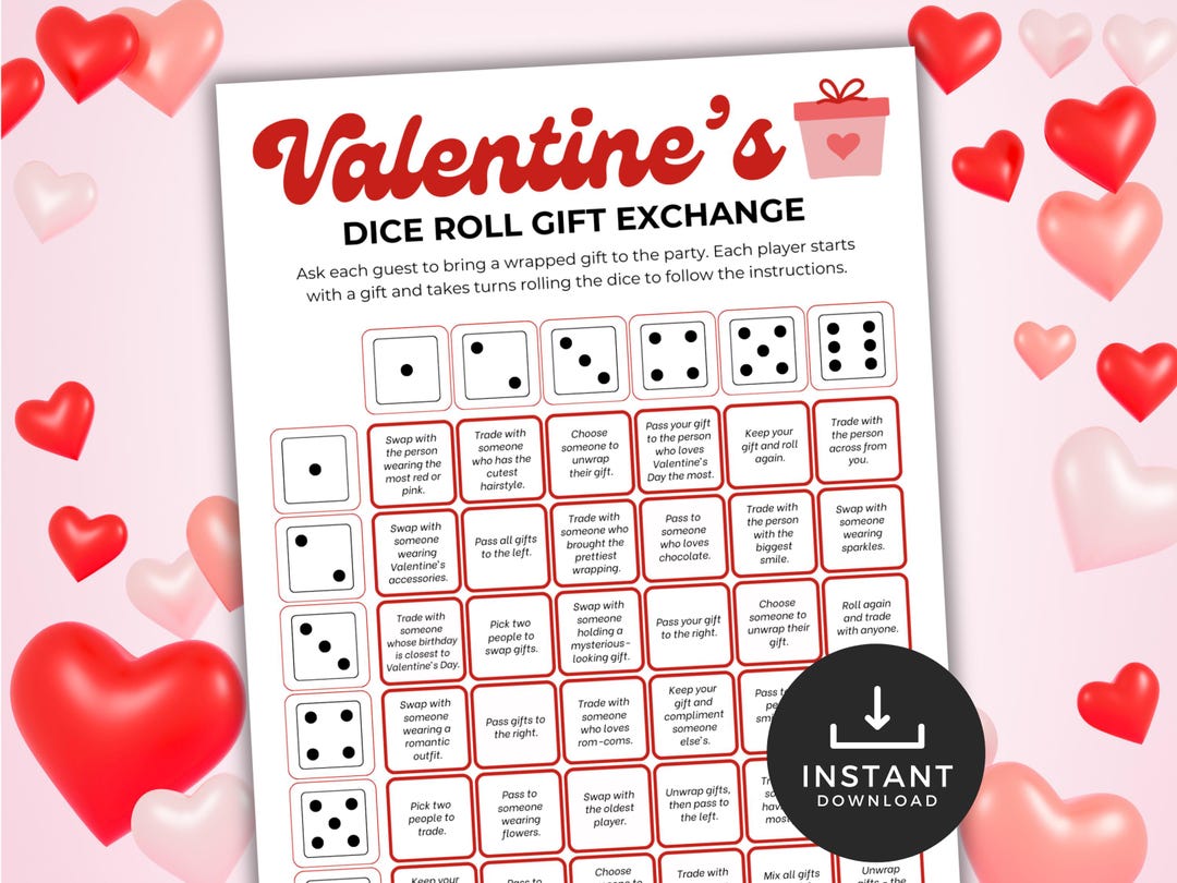 Valentines Dice Gift Exchange Game, Printable Valentine's Day ...