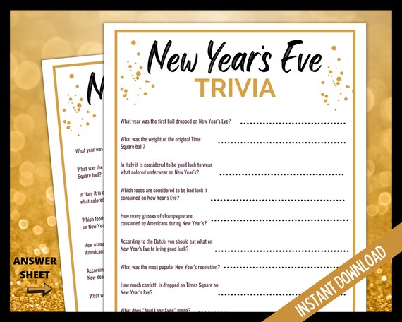 New Years Trivia Game, New Years Eve Trivia, NYE Trivia Party Printable ...