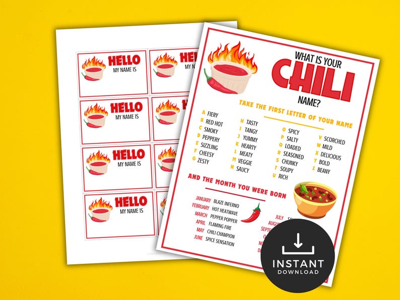 What's Your Chili Name Game, Printable Chili Party Game, Chili Cookoff ...