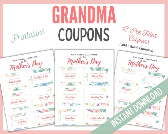Grandma Coupons, Gifts for Grandma, Mother's Day Coupons, Mother's Day ...