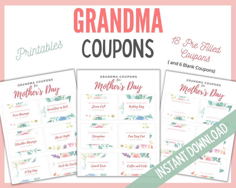 Grandma Coupons, Printable Gifts for Grandma, Mother's Day Coupons ...