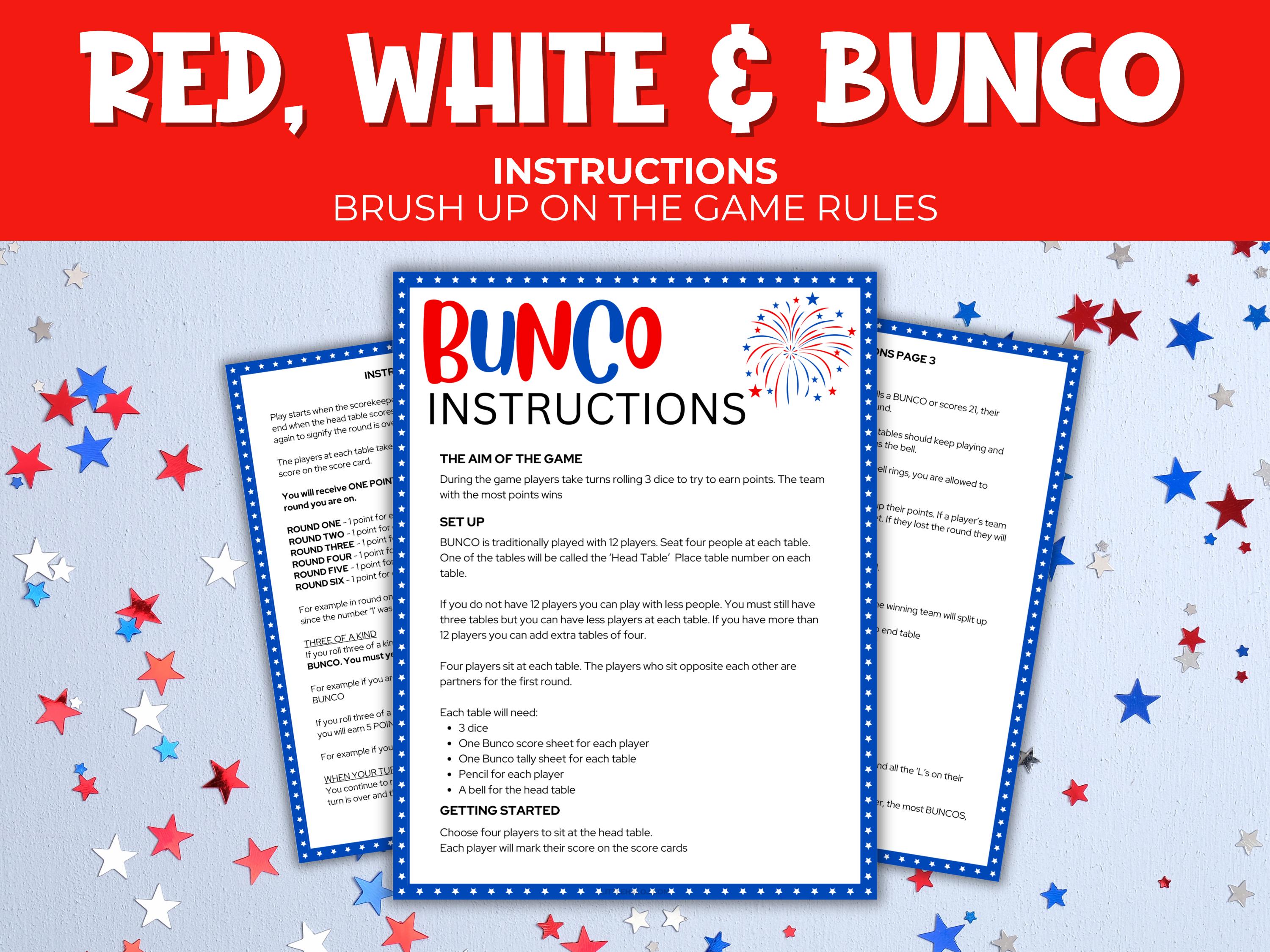 Red White and Blue Bunco Printable Party Pack and Scorecards, Patriotic ...