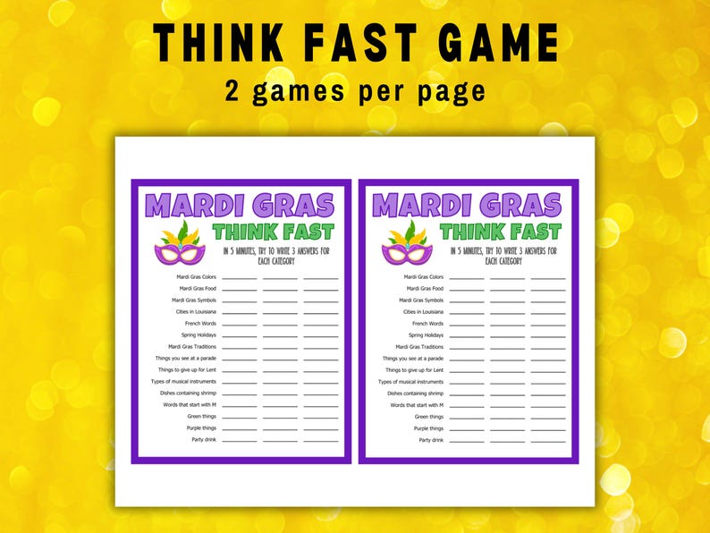 Mardi Gras Think Fast Game, Printable Mardi Gras Game, Mardi Gras ...