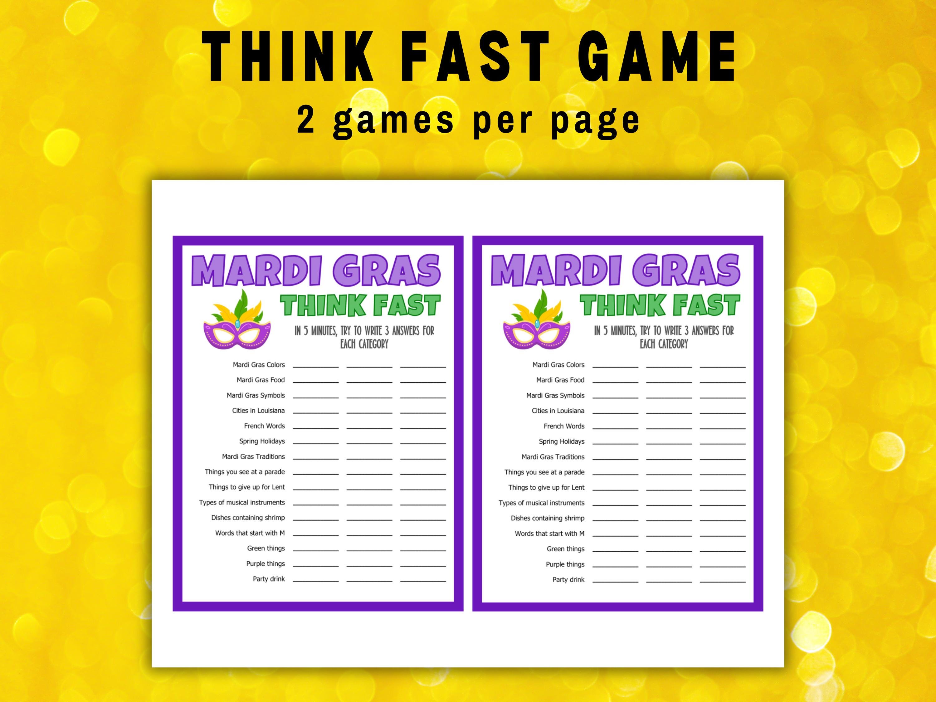 Mardi Gras Think Fast Game, Printable Mardi Gras Game, Mardi Gras ...