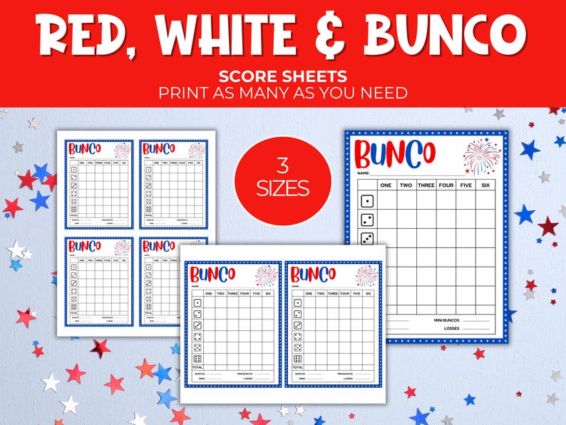 Red White and Blue Bunco Printable Party Pack and Scorecards, Patriotic ...