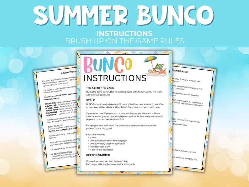 Summer Bunco Printable Party Pack and Scorecards, Bunco Game Rules ...
