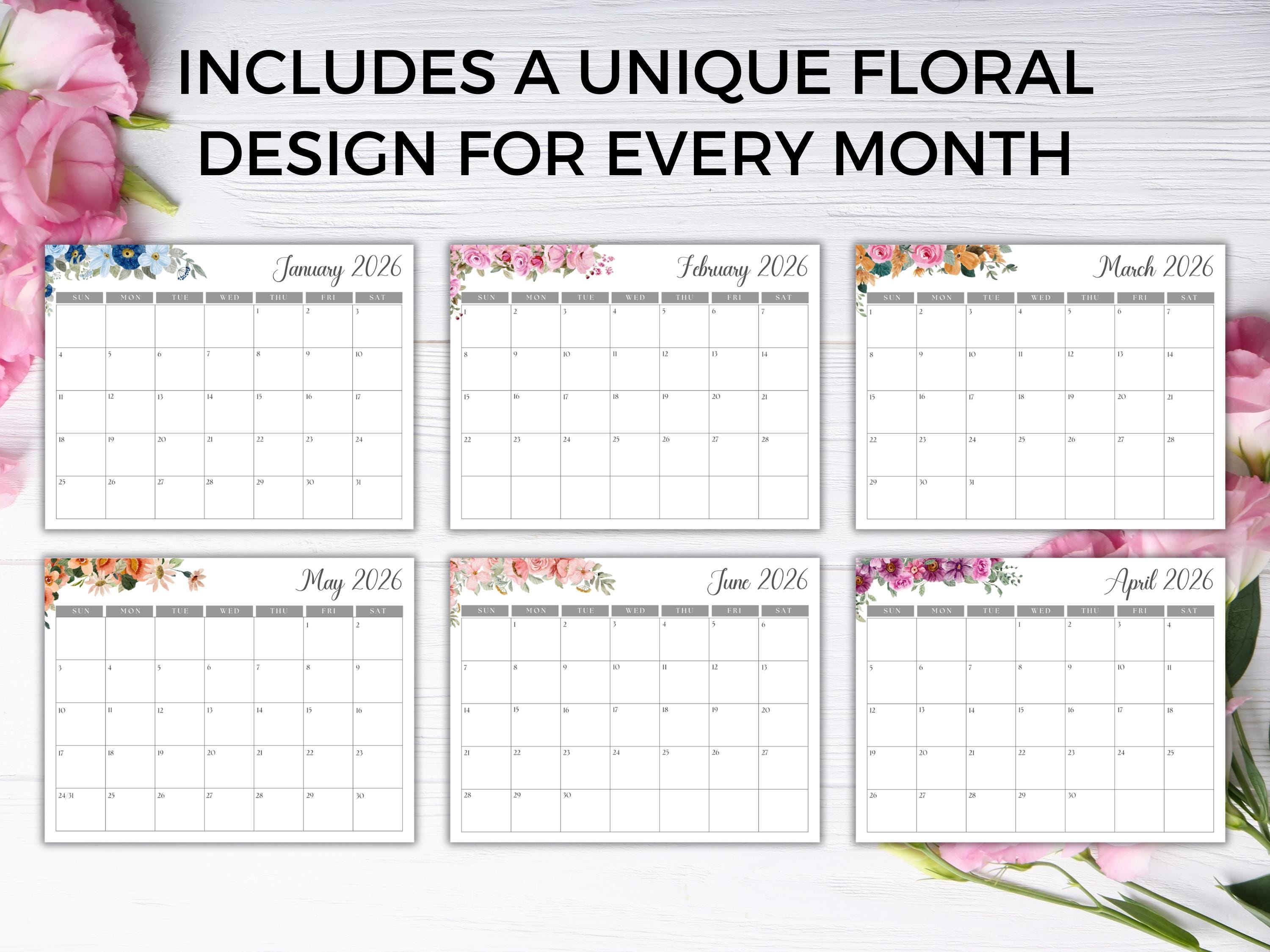 2026 Printable Floral Calendar, Monthly Planner, Flower Monthly Wall ...