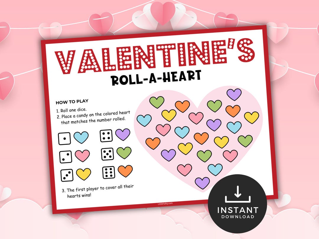 Roll a Heart Valentines Day Printable Game, Classroom Valentines Party ...