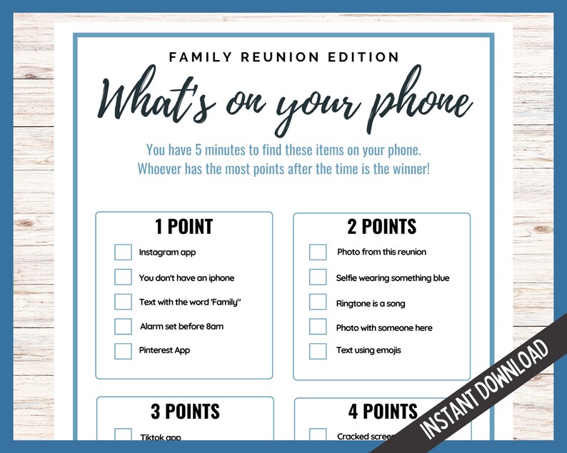 What's on Your Phone Family Reunion Game, Family Reunion Games, Family ...