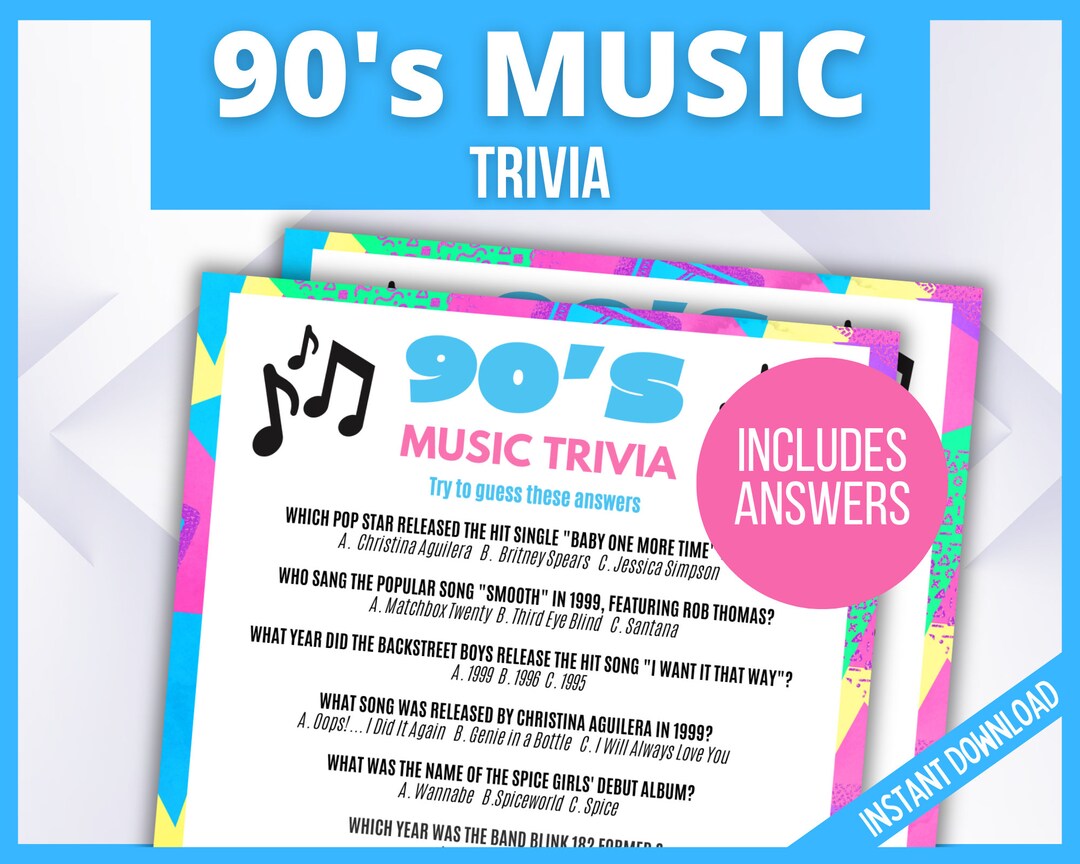 90s Music Trivia Game, 1990s Printable Party Game, 90s Music, Nineties ...