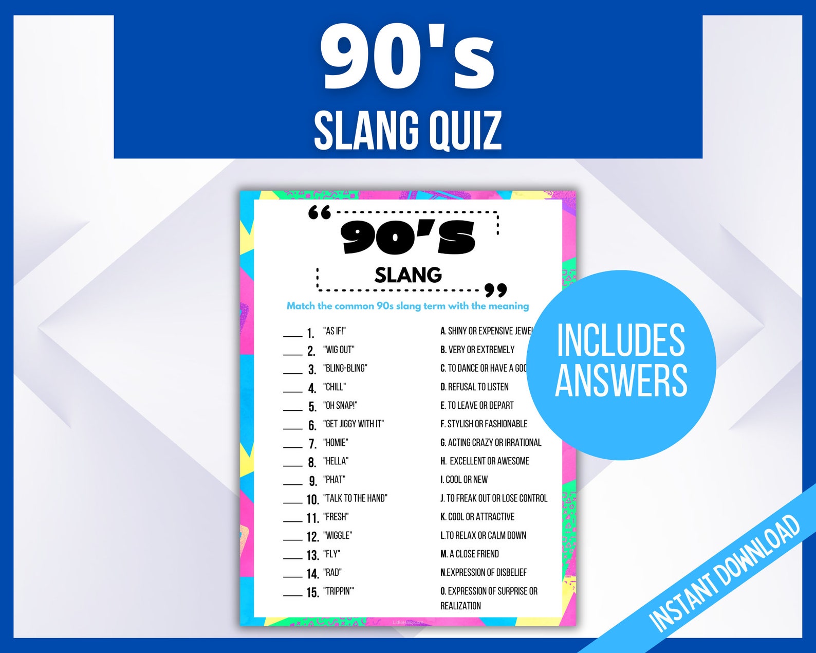 90s Slang Quiz, 1990s Slang Match Game, 90s Printable Party Game, 1990s ...
