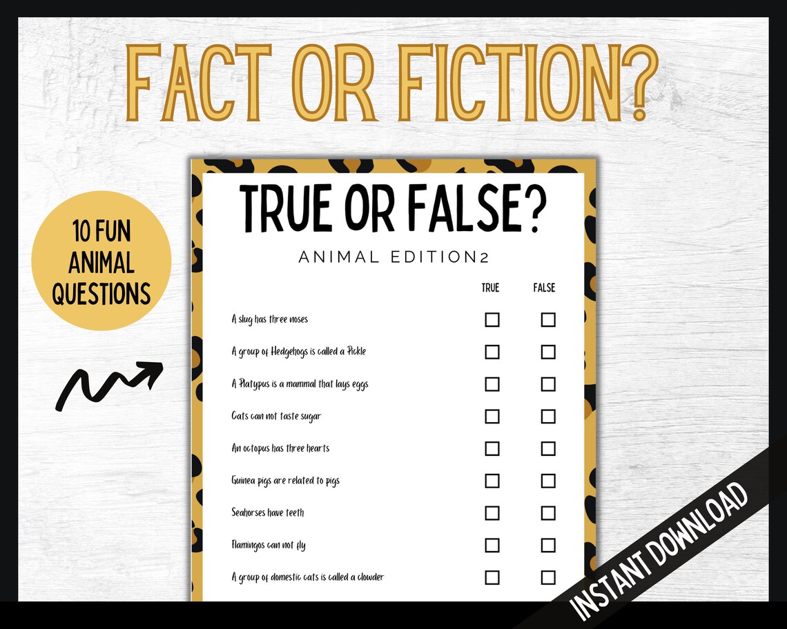 Animal Trivia Animal Fact or Fiction True or False Game Fun | Etsy