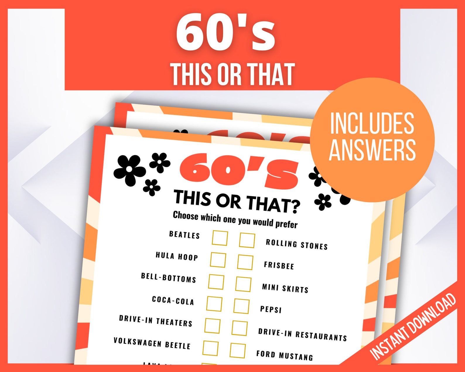 60s This or That Party Game, 1960s Printable Game, Would You Rather ...