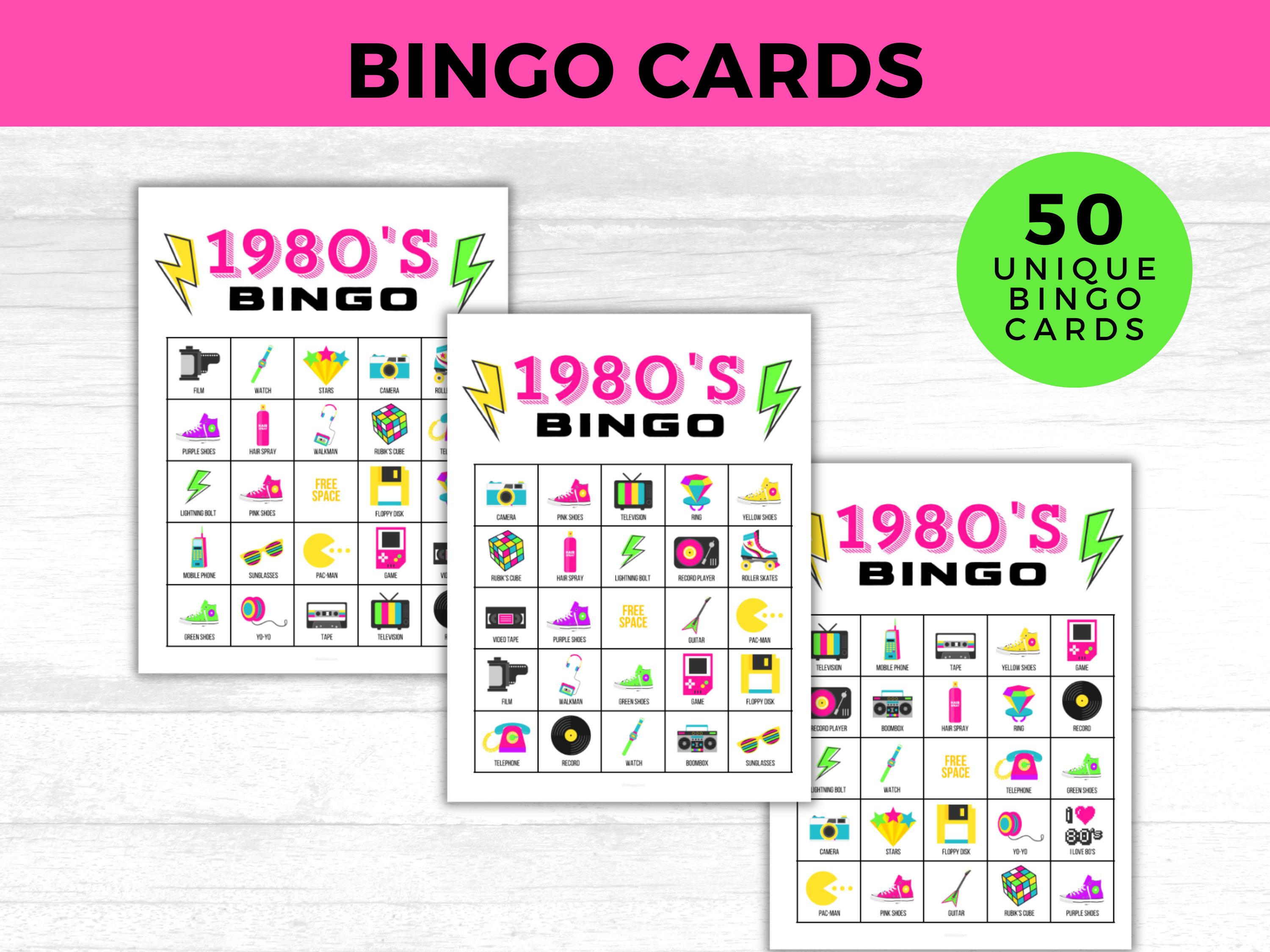 1980s Bingo Game, 80s Retro Party Game, 50 Printable 80s Bingo Cards ...