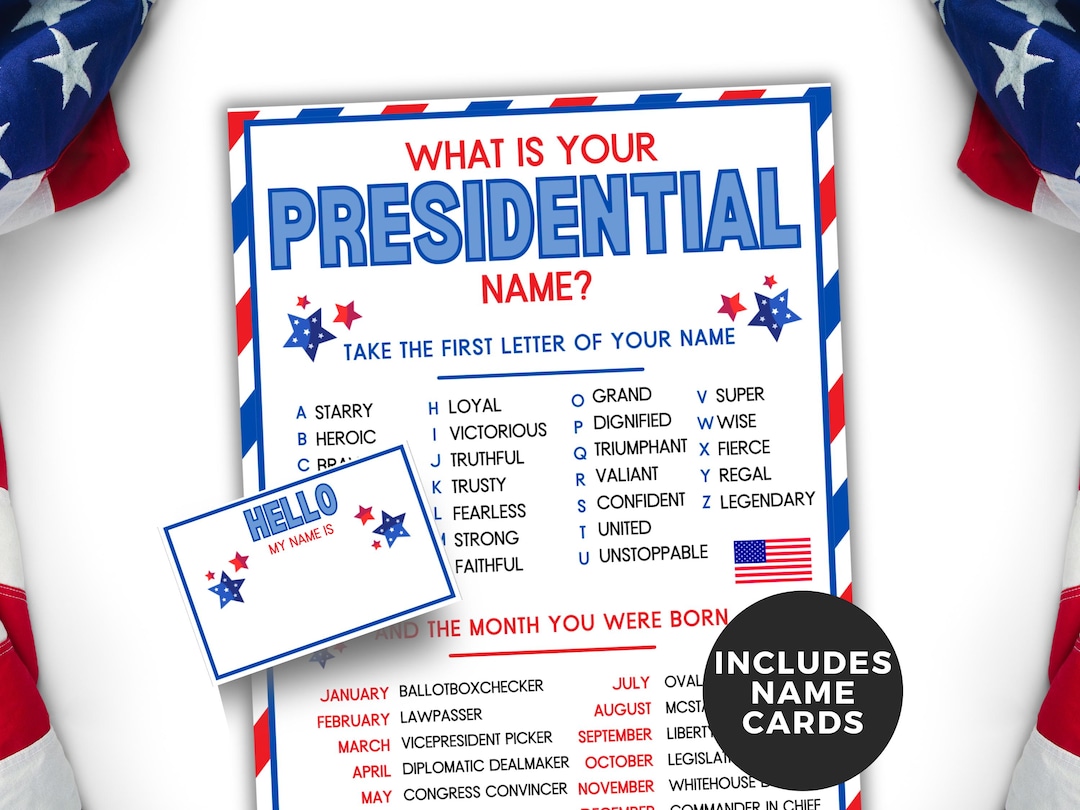 What's Your Presidential Name Game, Presidents Day Party Game, Election ...