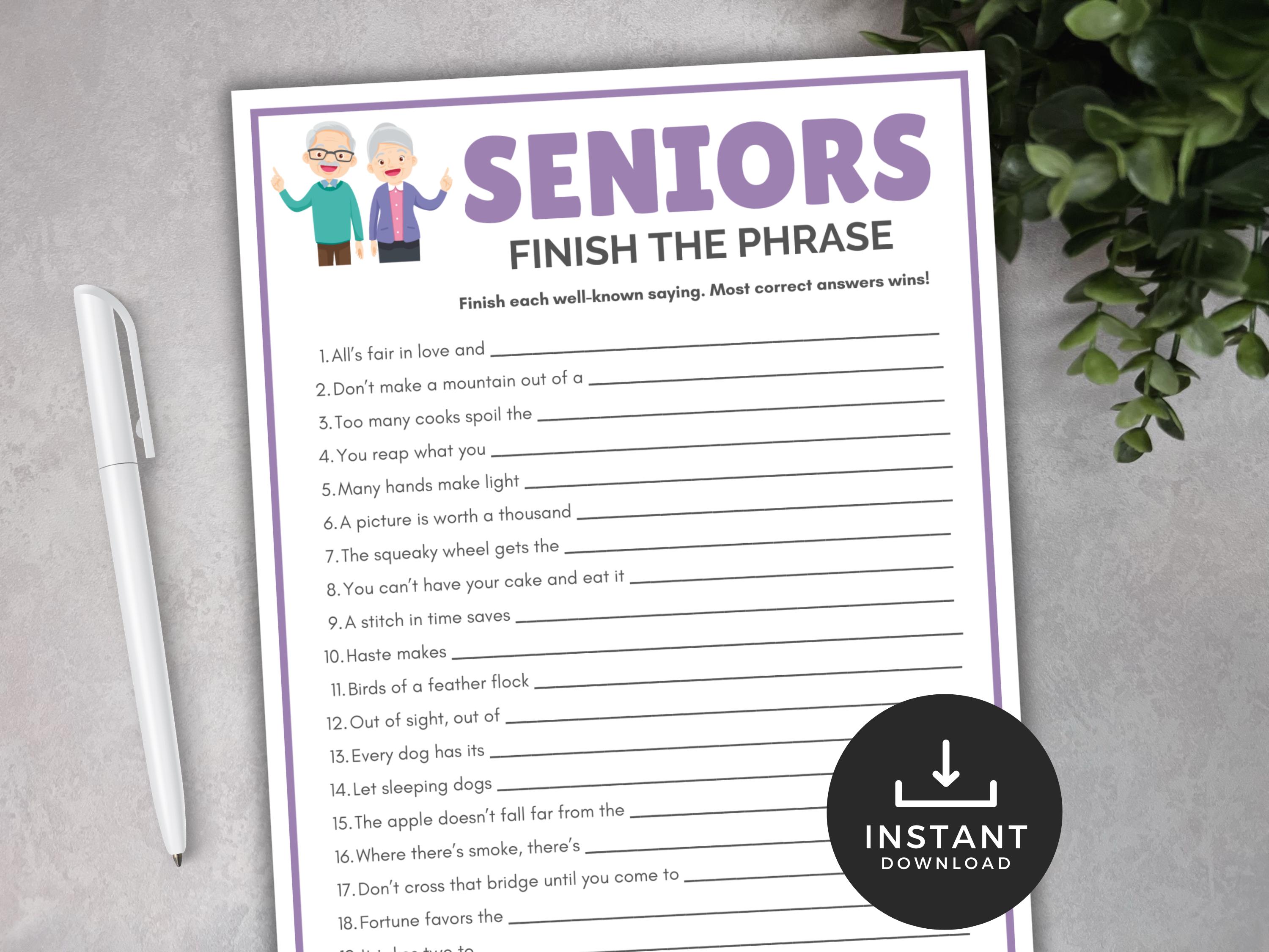 Seniors Finish the Phrase, Senior Citizens Printable Party Game ...