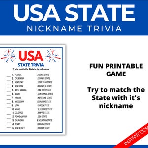 USA State Trivia, Patriotic Match the State Nickname Quiz, Printable ...