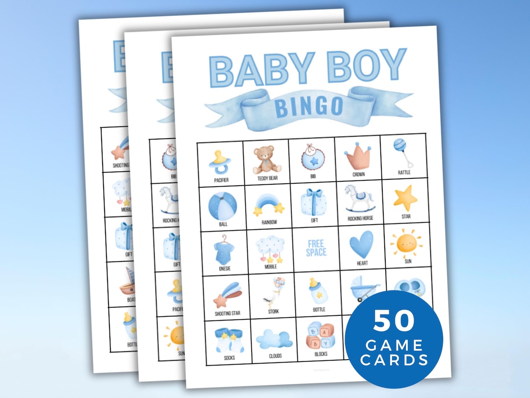Baby Boy Bingo, Baby Shower Party Game, 50 Printable Baby Shower Bingo ...