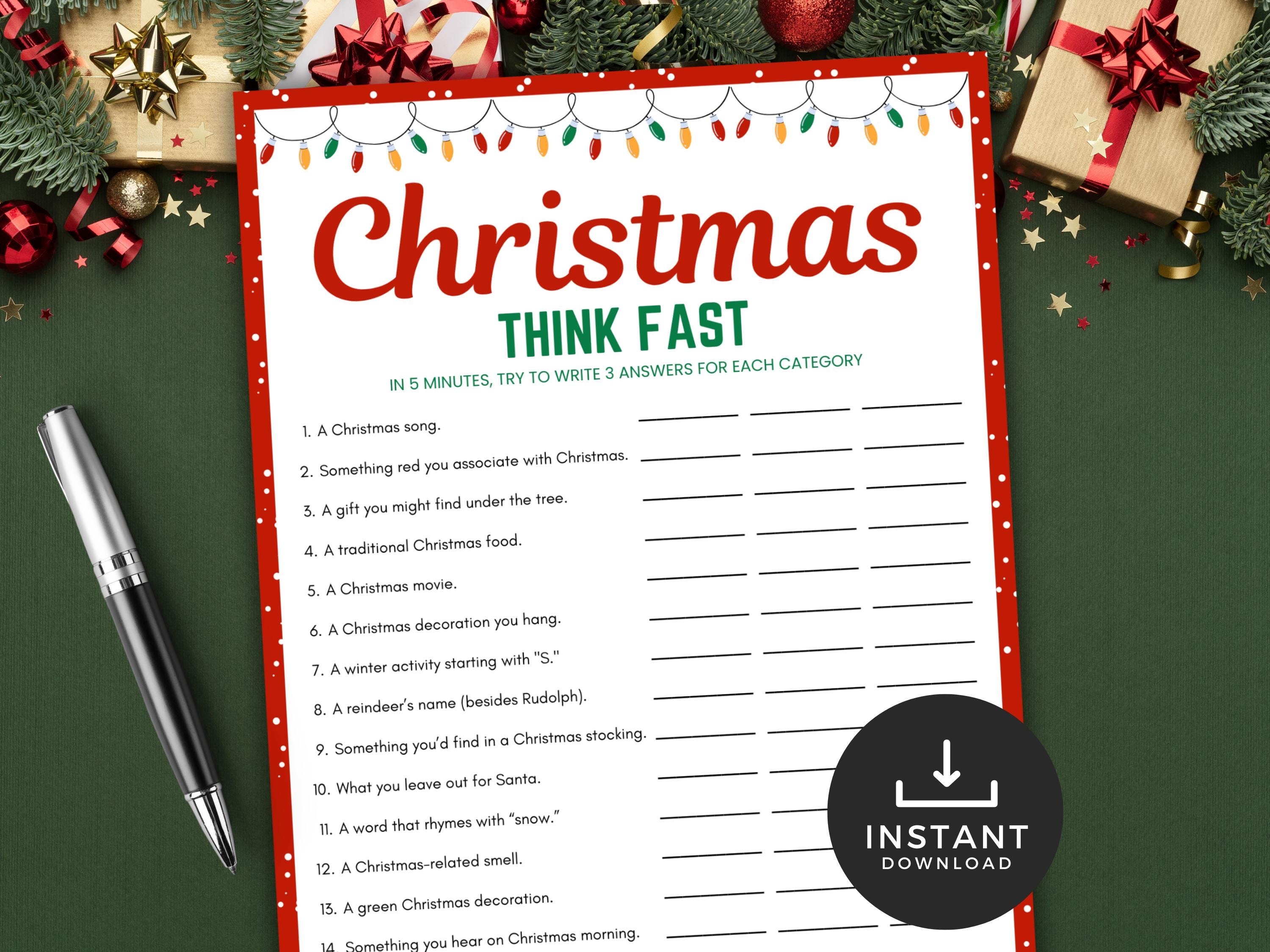 Christmas Think Fast Game, Christmas Printable Game, Christmas Family ...
