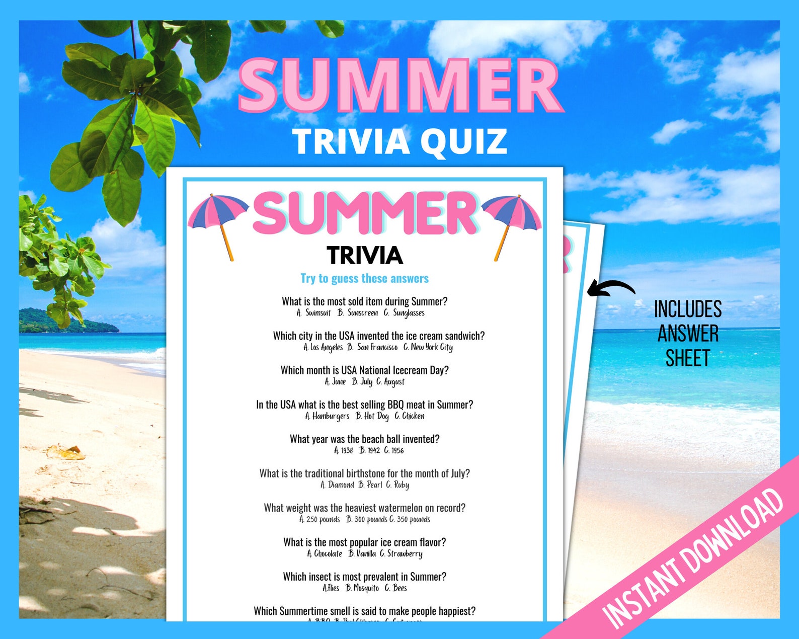 Summer Trivia Game Summer Trivia Quiz Summer Games Summer - Etsy