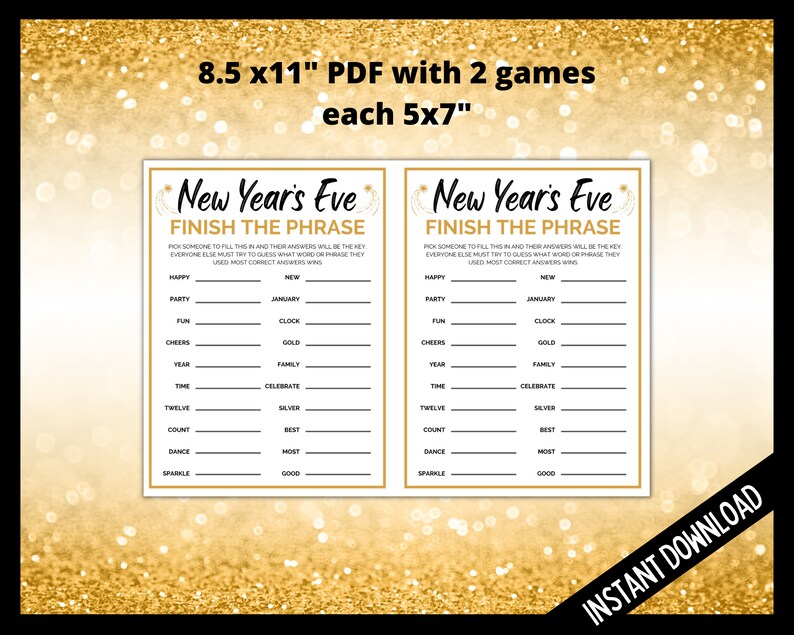New Year's Eve Finish the Phrase, New Year's Eve Printable Party Game ...