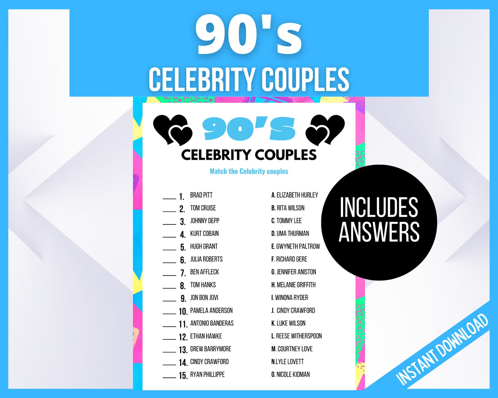 1990s Celebrity Couples, 90s Trivia Quiz, 90s Printable Party Game ...