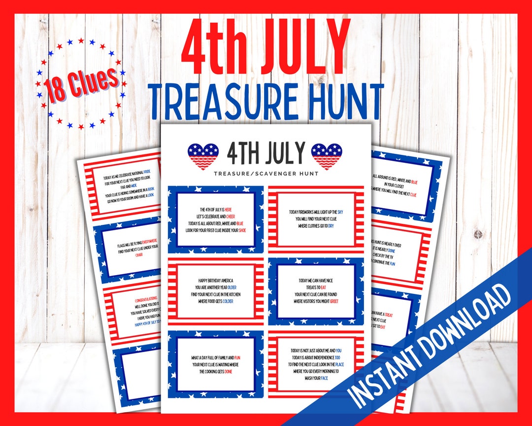 4th of July Treasure Hunt Clue Cards, Fourth of July Scavenger Hunt for ...