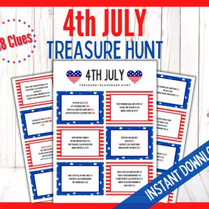 4th of July Treasure Hunt Clue Cards, Fourth of July Scavenger Hunt for ...