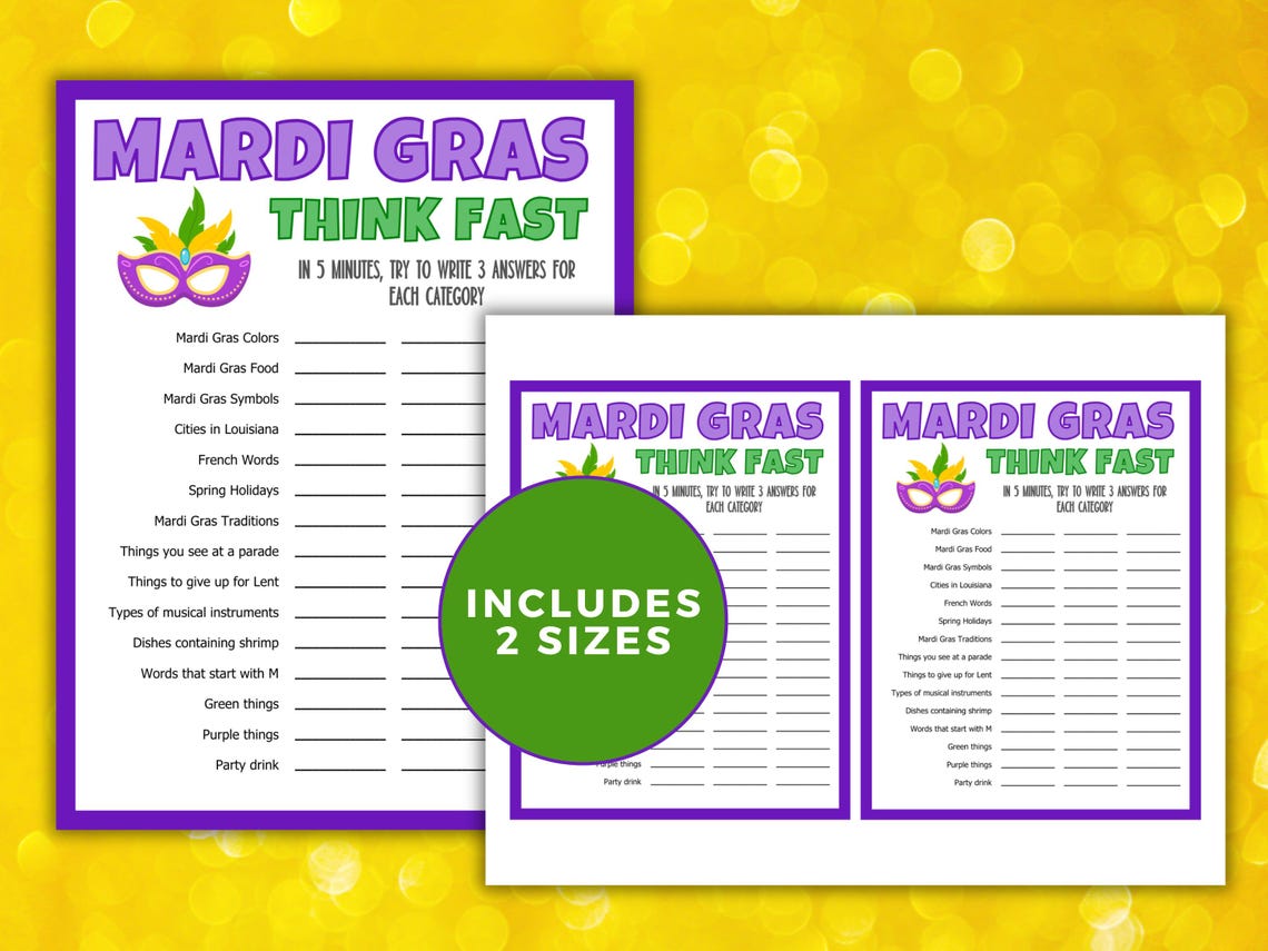 Mardi Gras Think Fast Game, Printable Mardi Gras Game, Mardi Gras ...