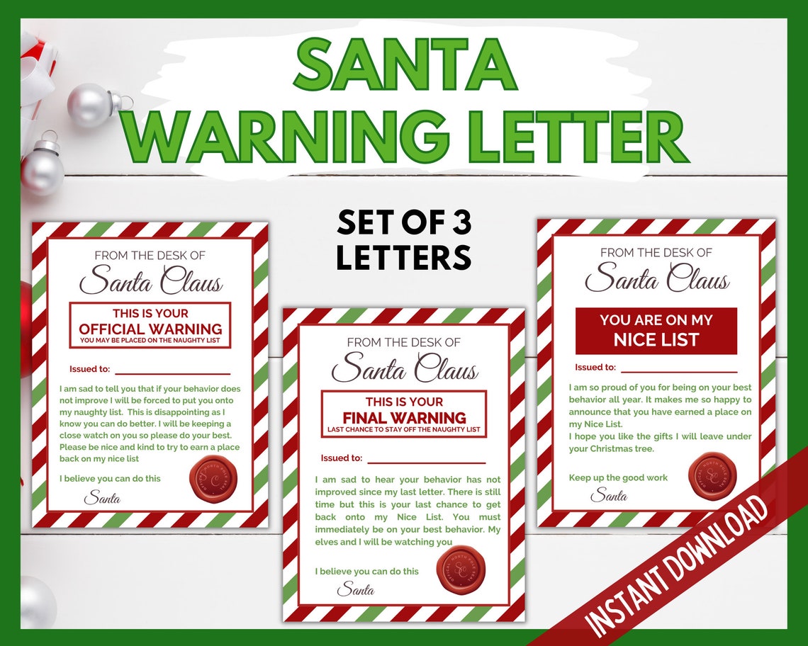 Santa Warning Letter, Bad Behavior Letter, Naughty List Warning, Nice ...