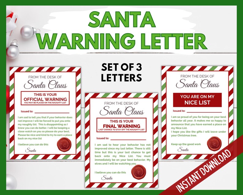 Santa Warning Letter, Bad Behavior Letter, Naughty List Warning, Nice ...
