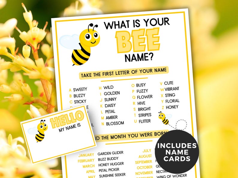 What's Your Bee Name Game, Printable Bee Party Game, Birthday Party Fun ...