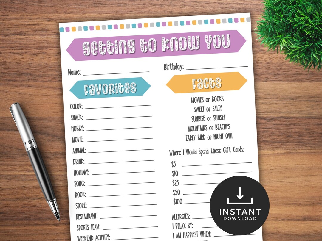 Get to Know You Questionnaire, All About Me Form, Coworker, Teacher ...