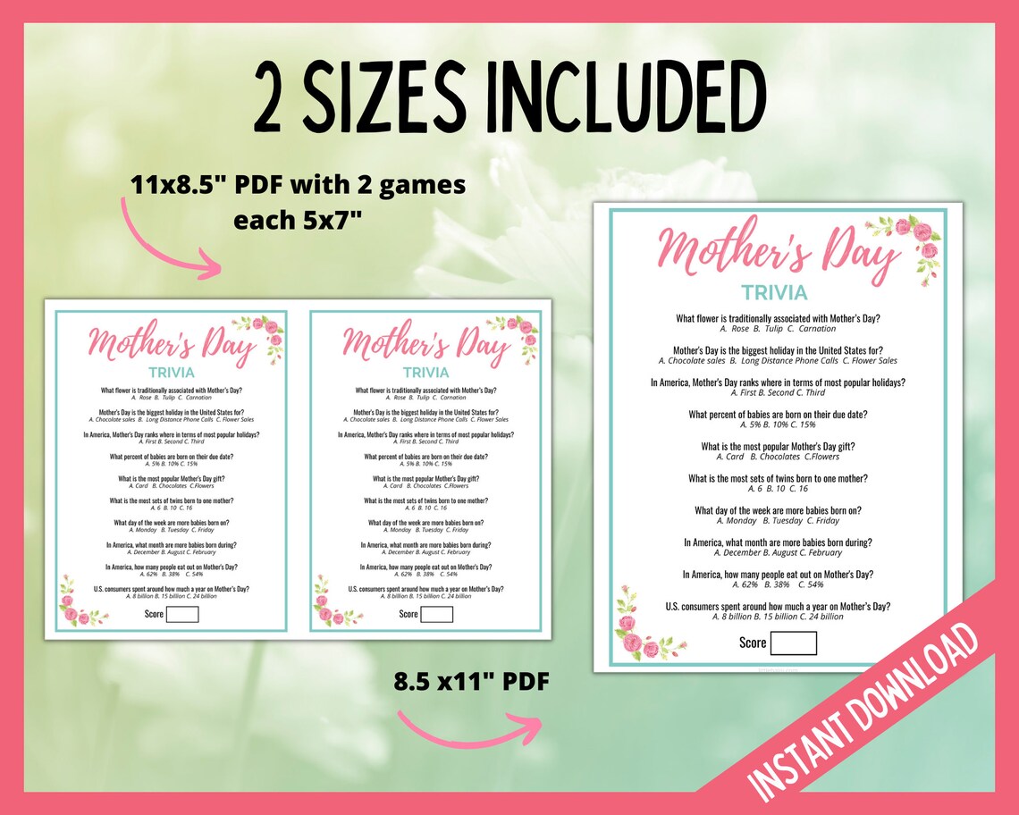 Mother's Day Trivia Printable Mothers Day Games for Kids - Etsy