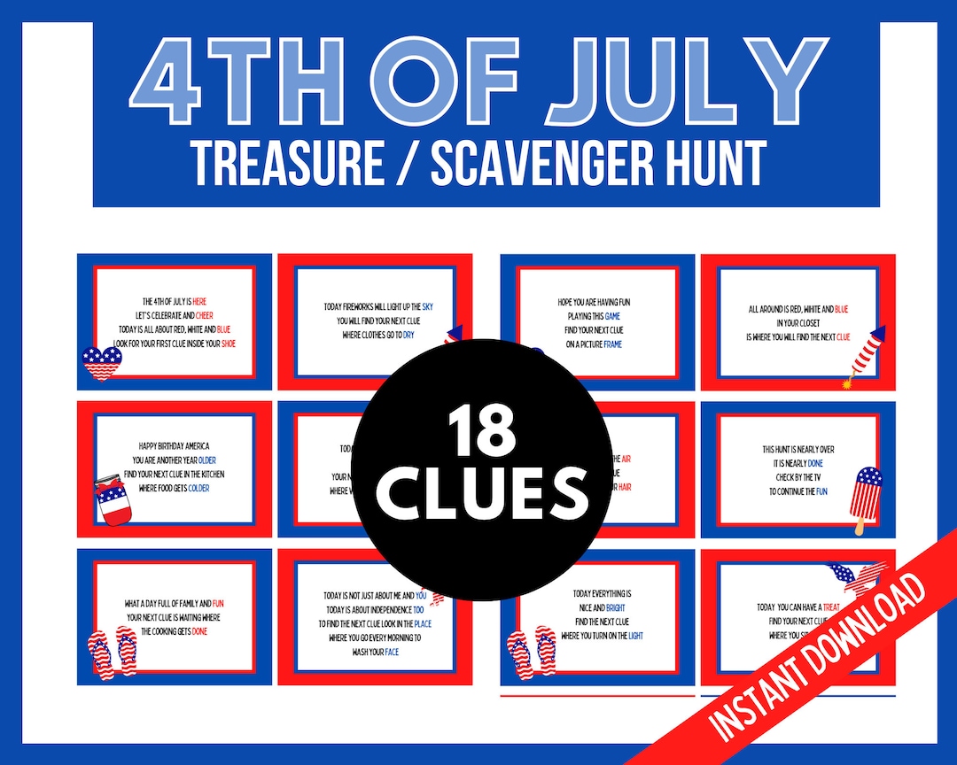 4th of July Treasure Hunt Clue Cards, 4th July Scavenger Hunt Clues ...