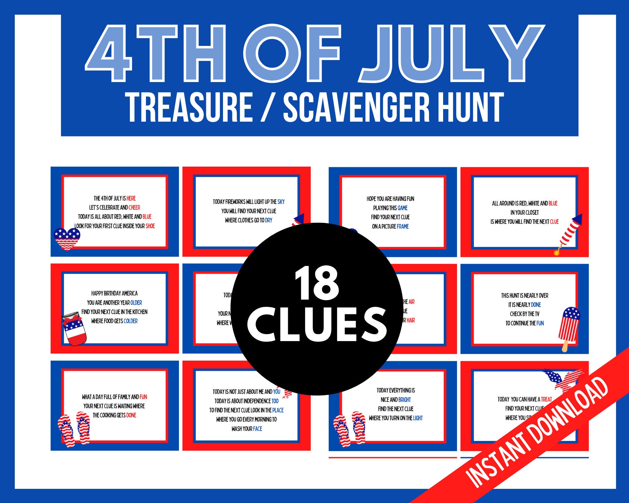 4th of July Treasure Hunt Clue Cards 4th July Scavenger Hunt - Etsy