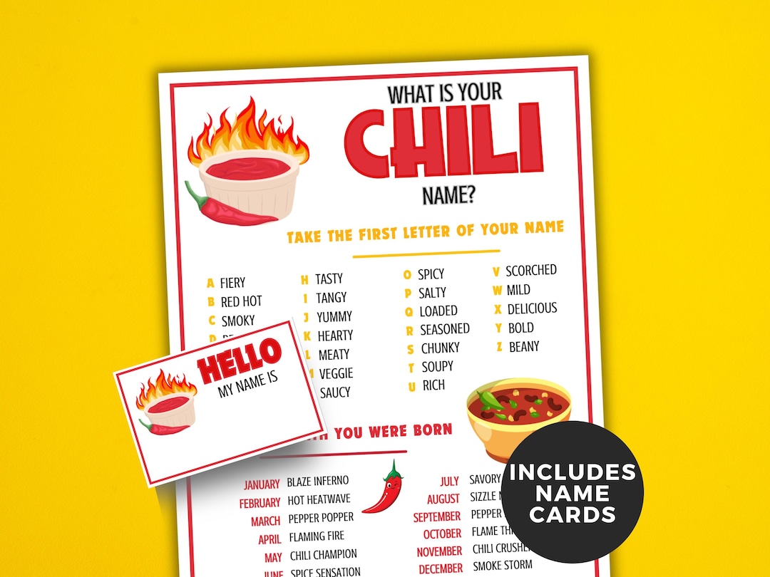 What's Your Chili Name Game, Printable Chili Party Game, Chili Cookoff ...