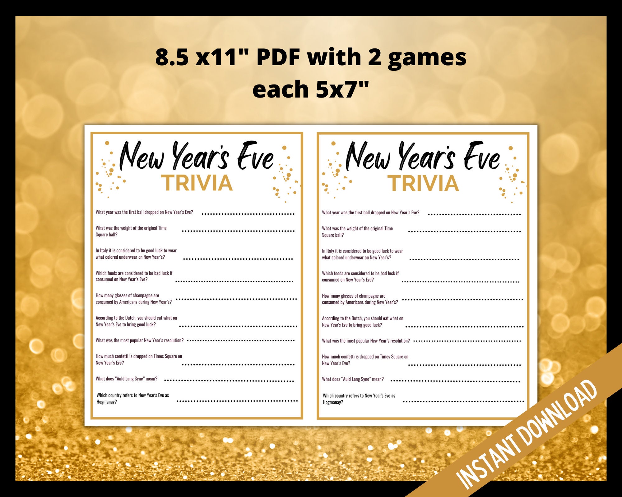 New Years Trivia Game, New Years Eve Trivia, NYE Trivia Party Printable ...