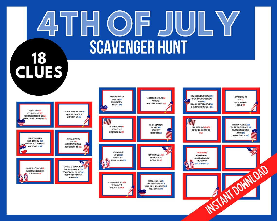 4th of July Treasure Hunt Clue Cards 4th July Scavenger Hunt - Etsy