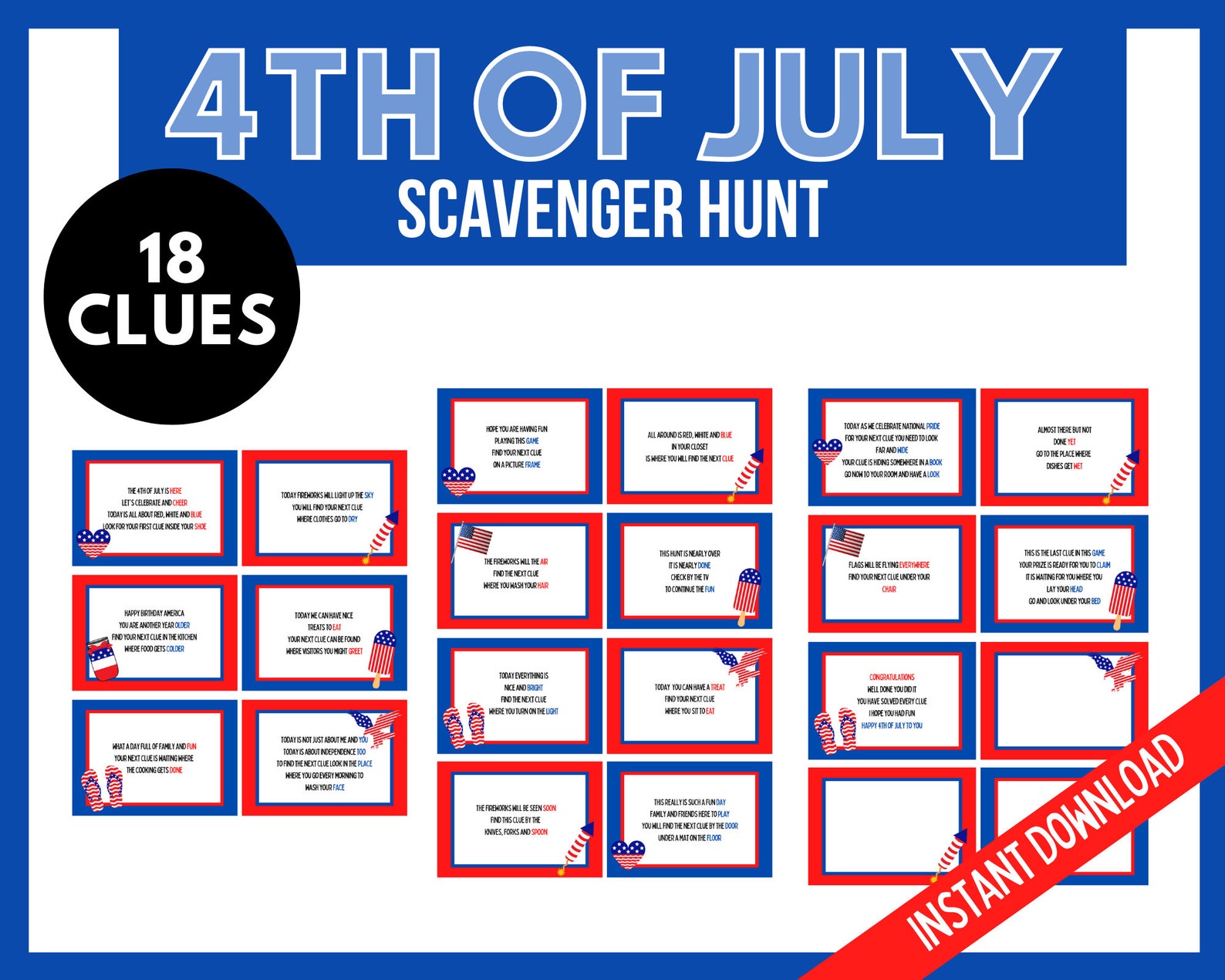 4th of July Treasure Hunt Clue Cards, 4th July Scavenger Hunt Clues ...