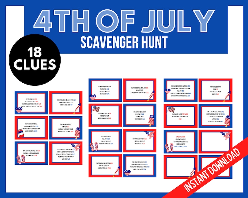 4th of July Treasure Hunt Clue Cards, 4th July Scavenger Hunt Clues ...