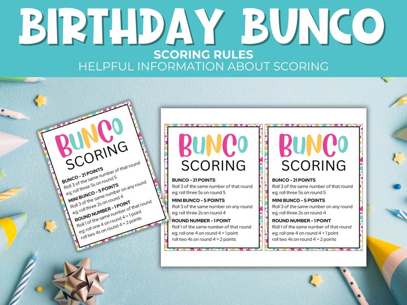 Birthday Bunco Printable Party Pack and Scorecards, Bunco Game Rules ...