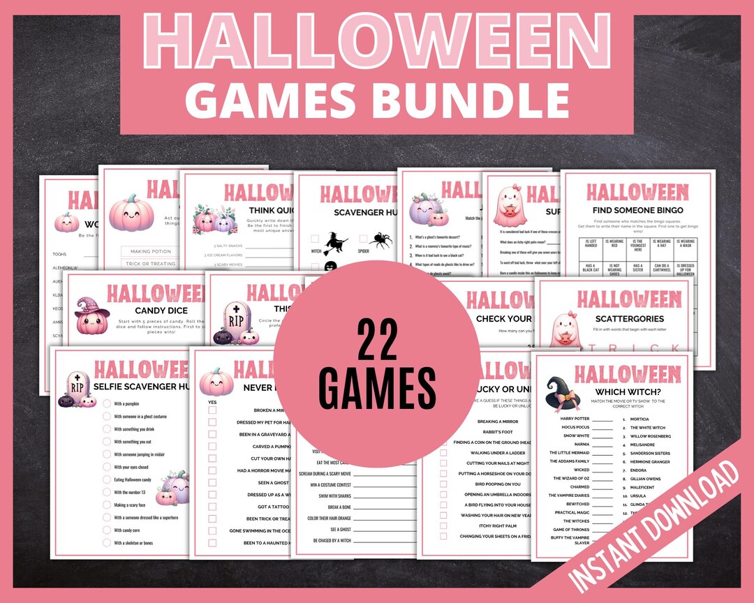 Pink Halloween Games Bundle, 22 Printable Halloween Games, Pastel ...