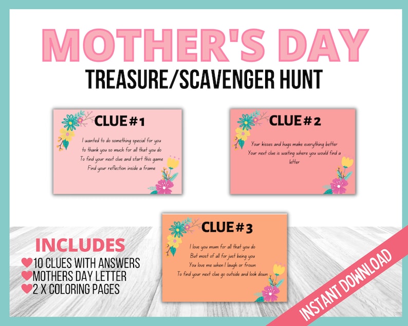 Mother’s Day Scavenger Hunt Clues, Mother’s Day Treasure Hunt, Mother’s ...