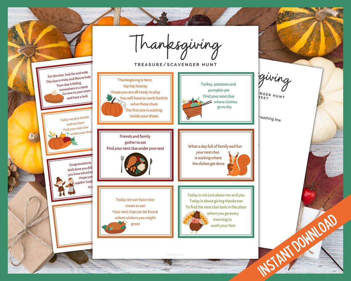 Thanksgiving Scavenger Hunt, Thanksgiving Treasure Hunt Clues ...