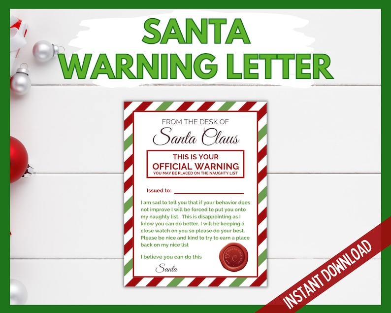 Santa Warning Letter, Bad Behavior Letter, Naughty List Warning, Nice ...