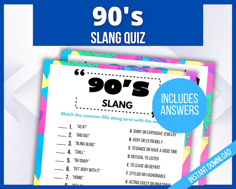 90s Slang Quiz, 1990s Slang Match Game, 90s Printable Party Game, 1990s ...
