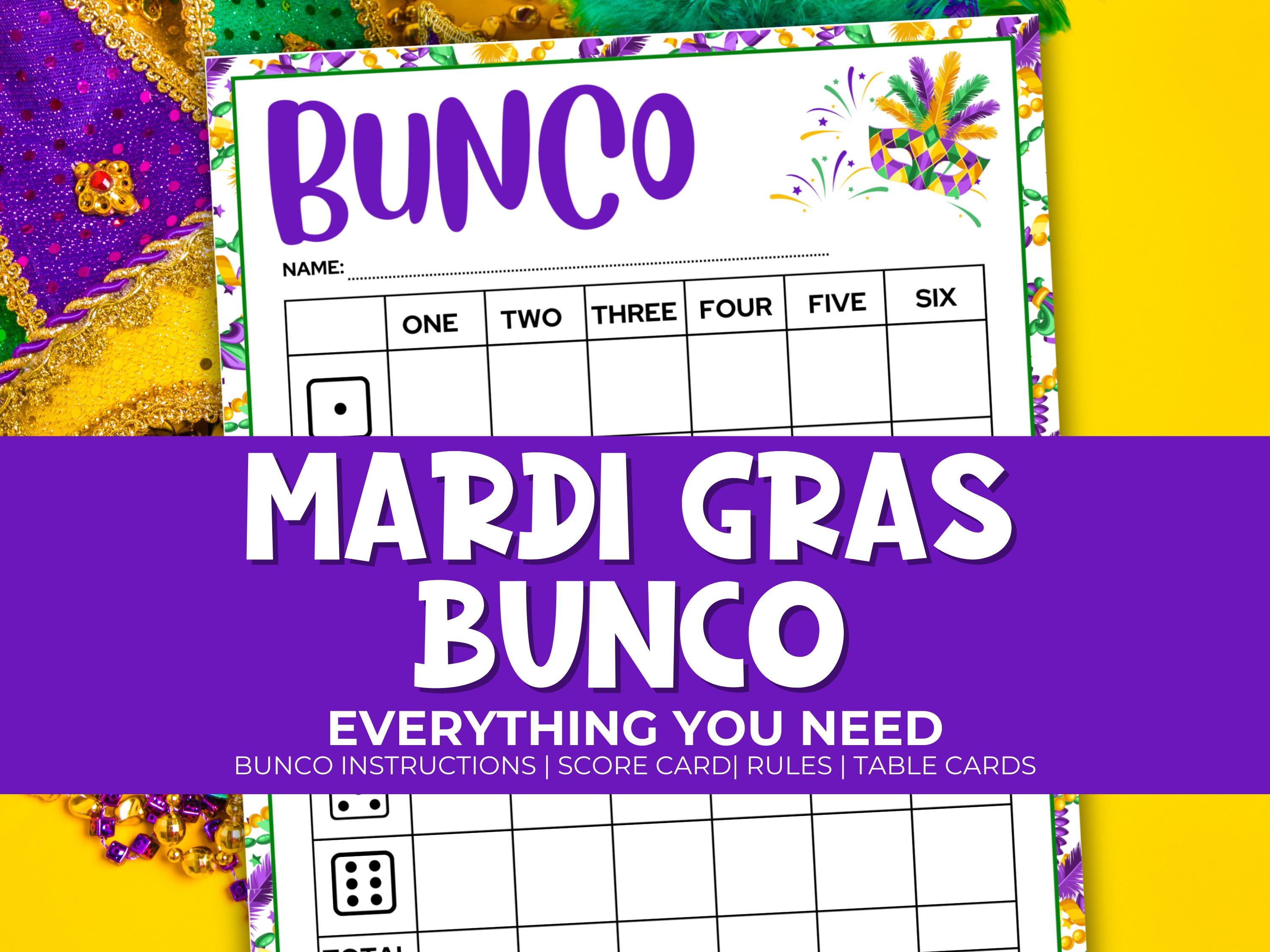 Mardi Gras Bunco Printable Party Pack and Scorecards, Bunco Game Rules ...