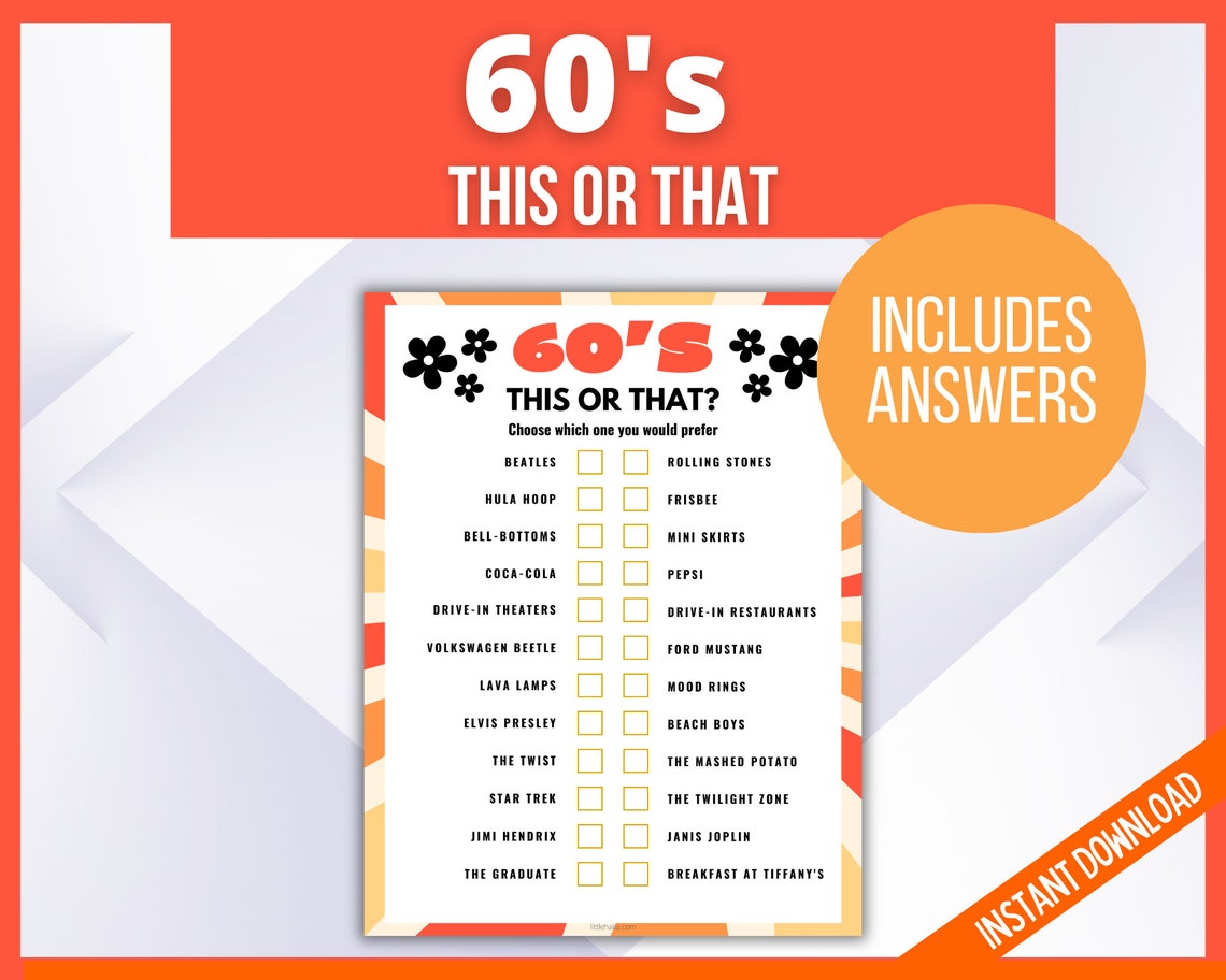 60s This or That Party Game, 1960s Printable Game, Would You Rather ...